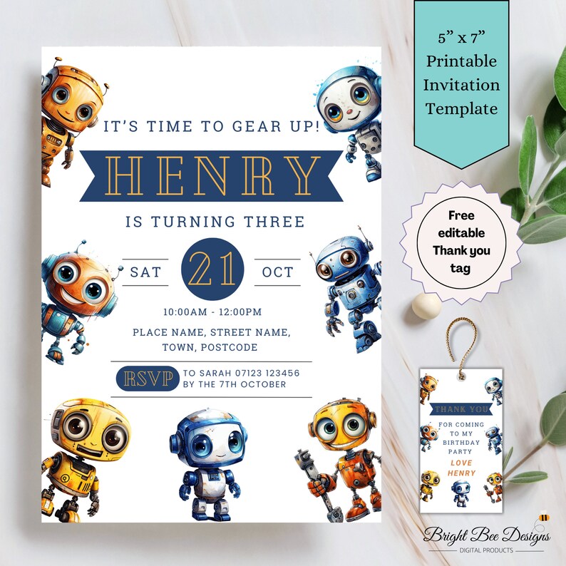 Robot Birthday Invitation Template, Editable Robot Party Invite, Boy ...