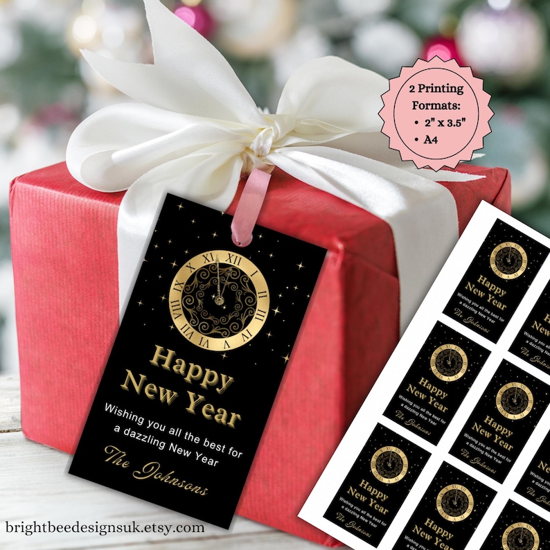 Happy New Year Gift Tag, Printable Black and Gold Party Favor Thank You ...