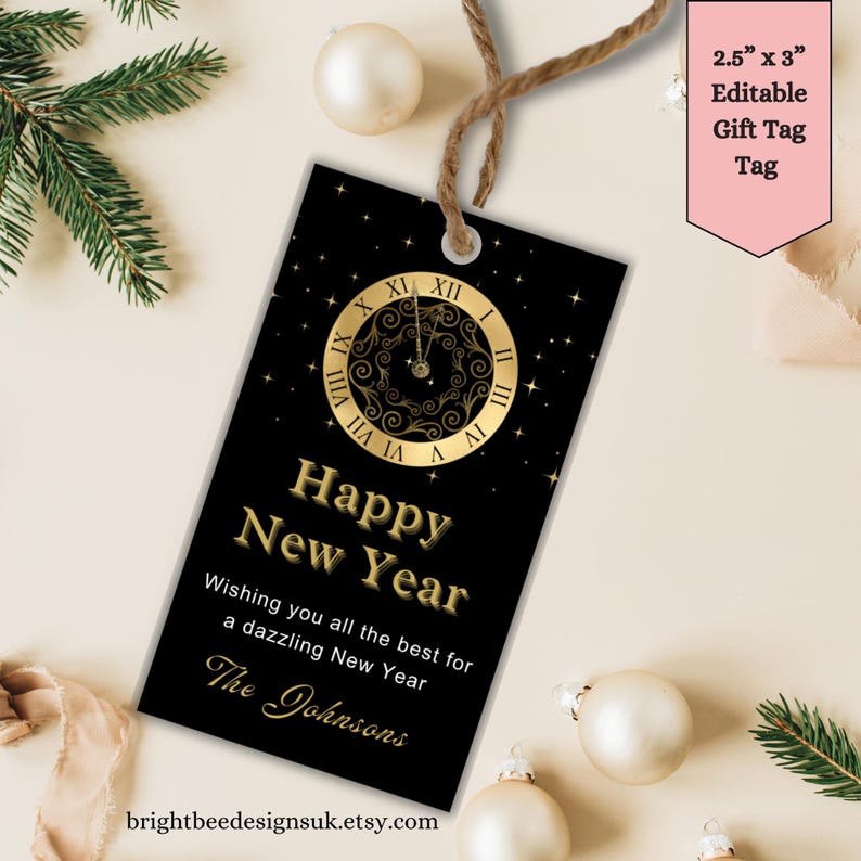 Happy New Year Gift Tag, Printable Black and Gold Party Favor Thank You ...