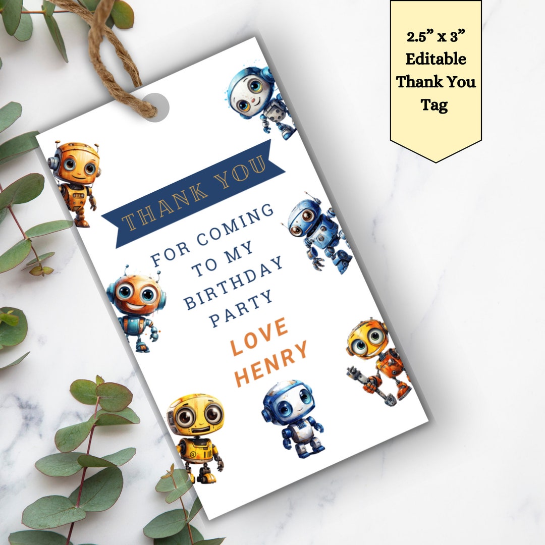 Robot Gift Tag, Robot Thank You Tag Template, Boys Robot Party Favor ...
