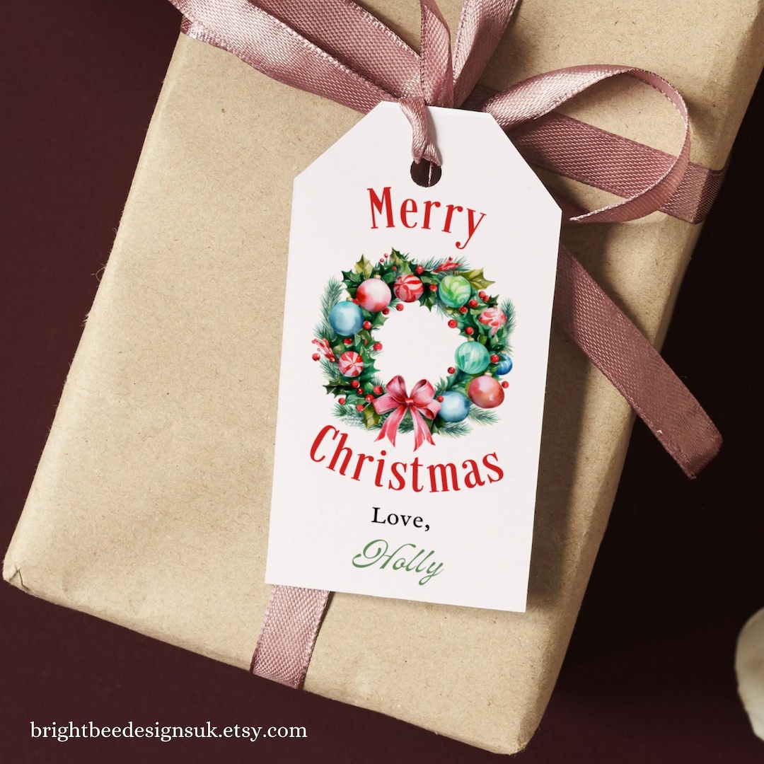 Printable Christmas Wreath Gift Tag, Editable Holiday Present Label ...