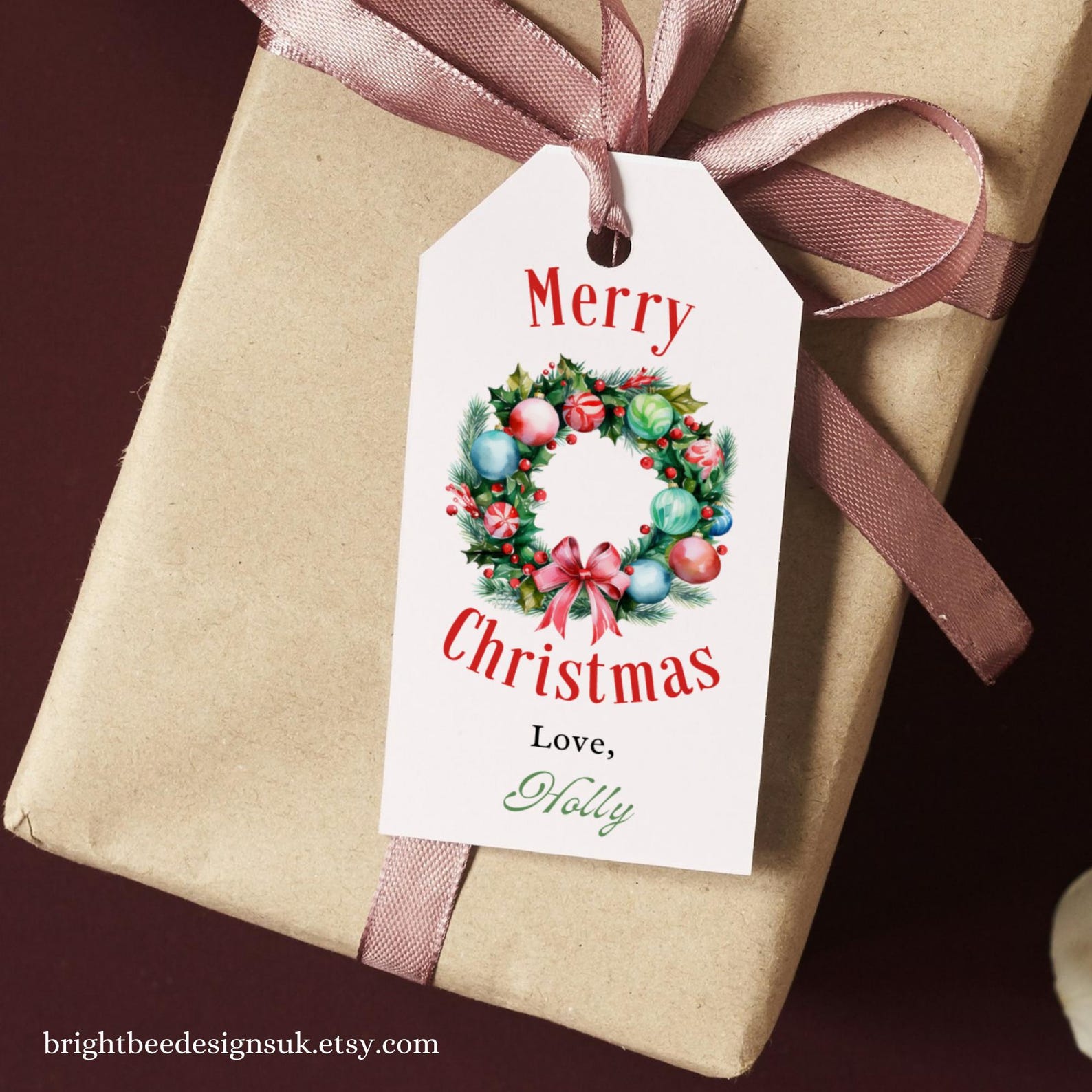 Printable Christmas Wreath Gift Tag, Editable Holiday Present Label ...