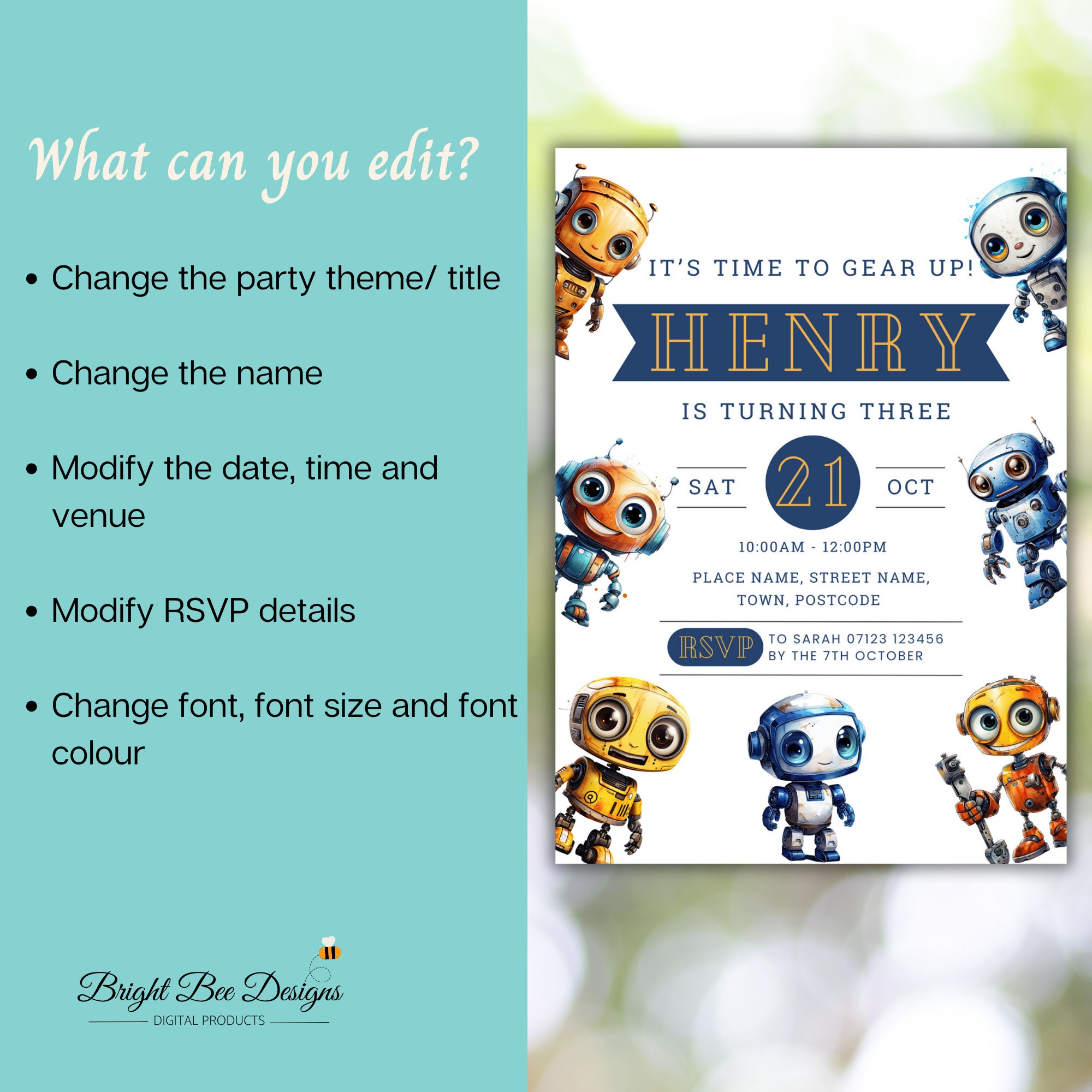 Robot Birthday Invitation Template, Editable Robot Party Invite, Boy ...