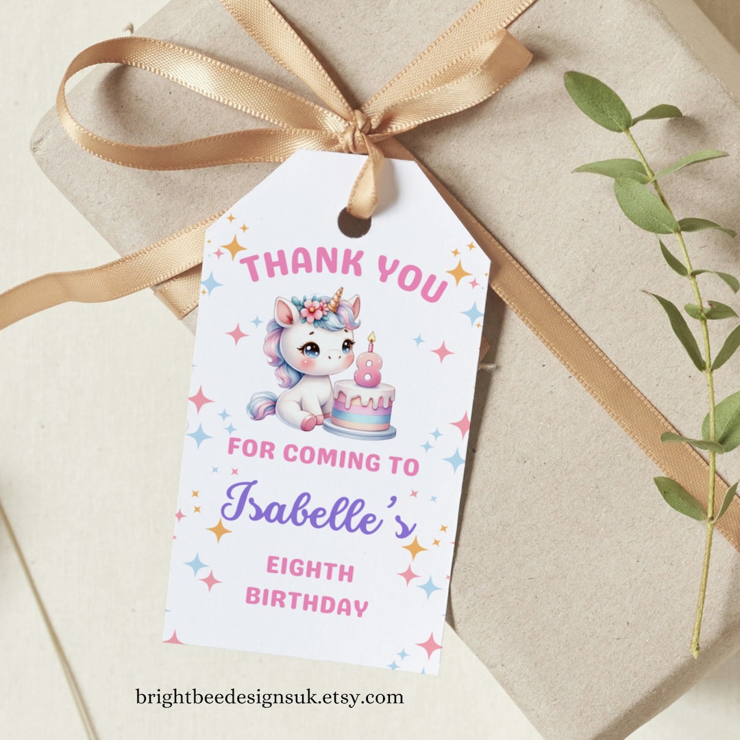 Printable Unicorn 8th Birthday Gift Tag, Editable Girls Eighth Party ...