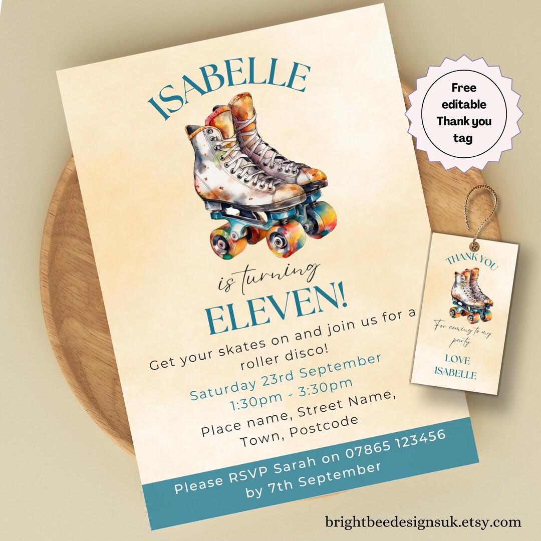 Printable Roller Disco Invitation, Editable Girls Skating Birthday ...