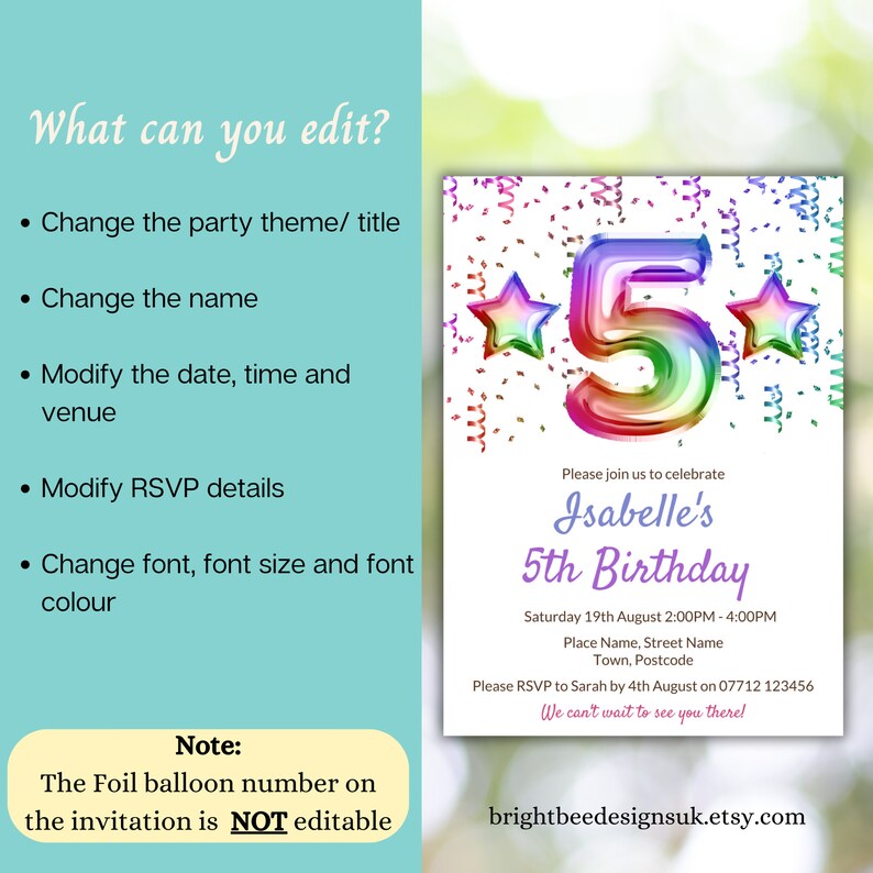 Printable 5th Birthday Invitation, Customisable Rainbow Balloon Fifth ...