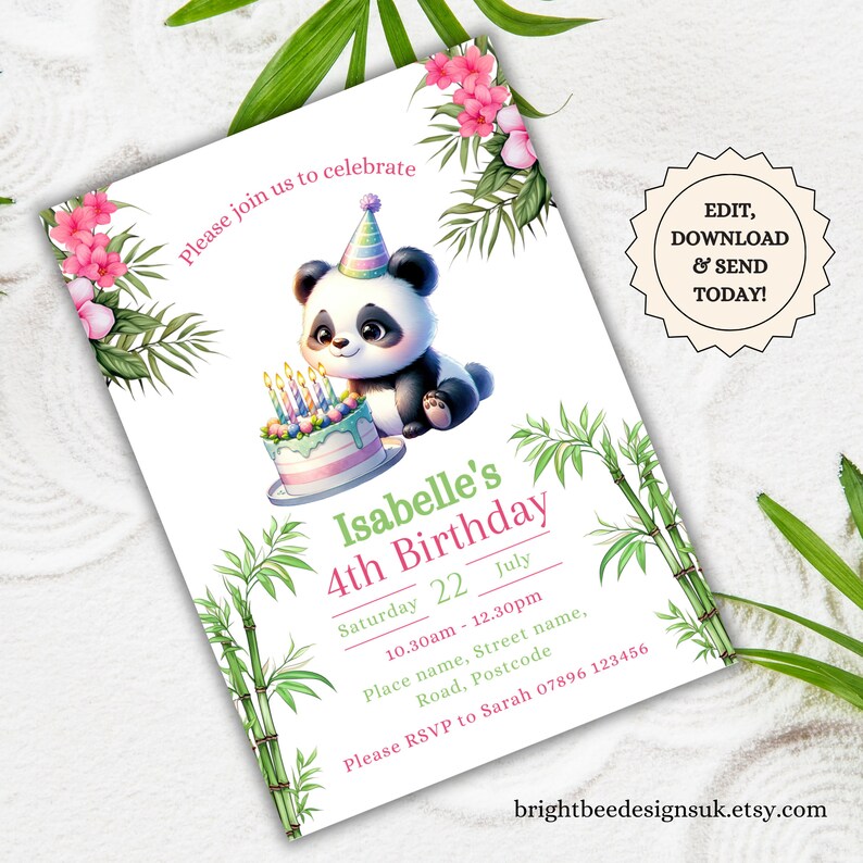 Printable Cute Panda Birthday Party Invitation Template, Animal Party ...