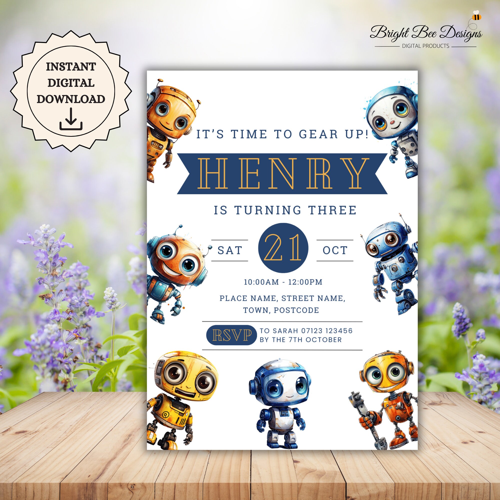 Robot Birthday Invitation Template, Editable Robot Party Invite, Boy ...