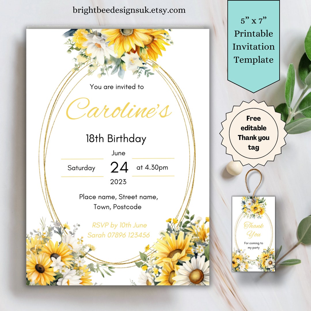 Sunflower Birthday Invitation Card Template, Printable Flower Theme ...
