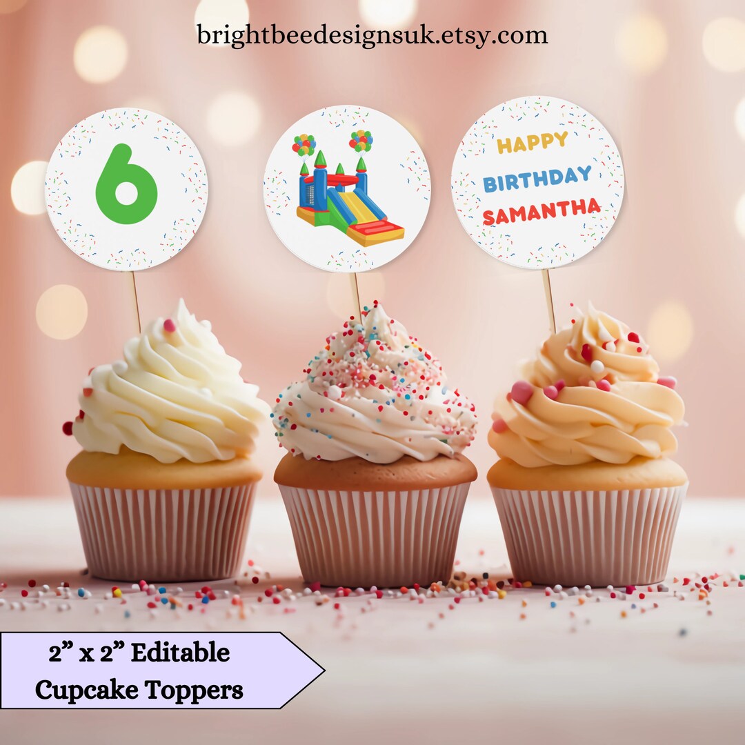 Printable Bounce House Cupcake Toppers, Editable Kids Birthday Cake ...