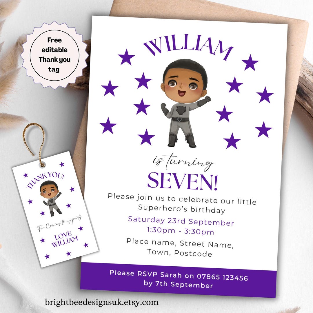 Editable Superhero Birthday Invitation, Printable Purple Super Boy ...