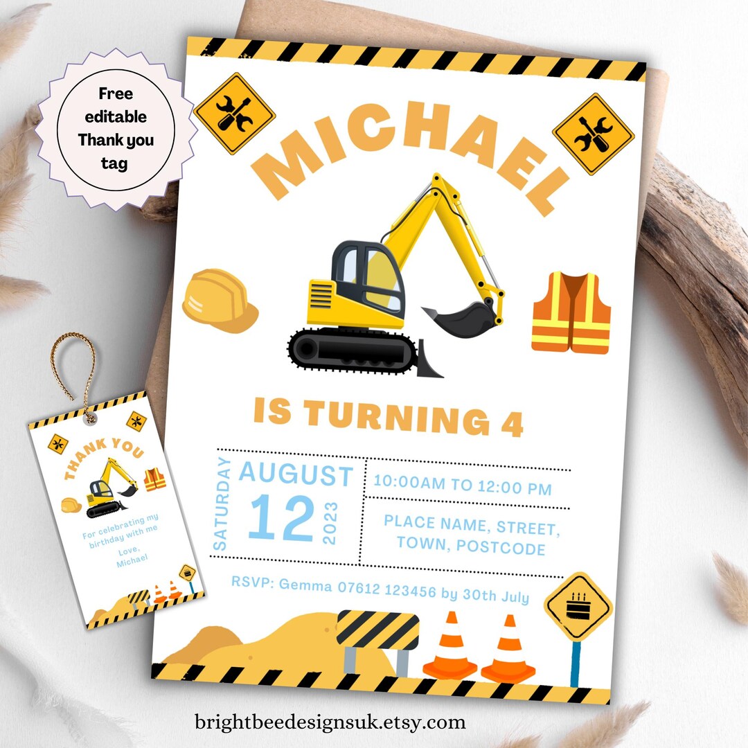 Printable Digger Birthday Invitation, Editable Boys Construction Site ...