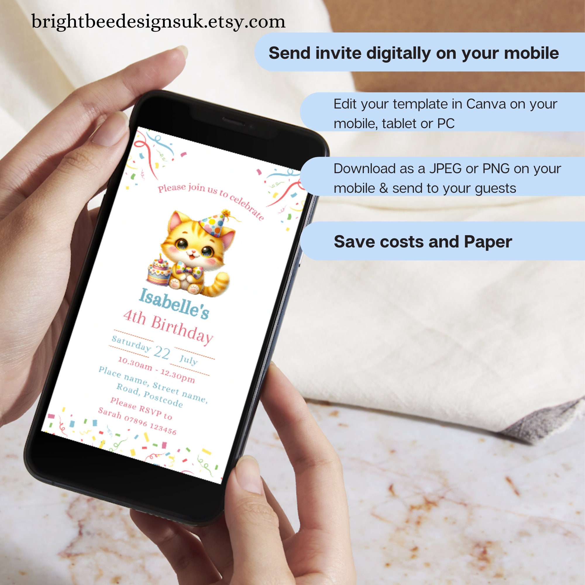 Digital Cat Birthday Party Invitation Template, Editable Kids Kitten ...