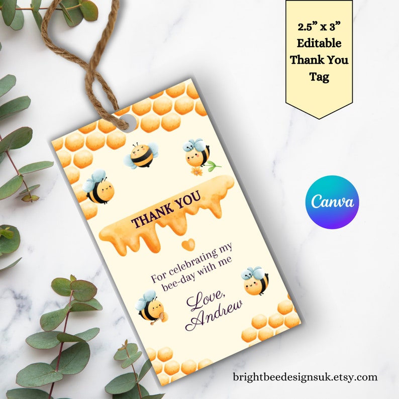 Printable Honey Bee Thank You Tag, Kids Birthday Party Favor Gift Tag ...
