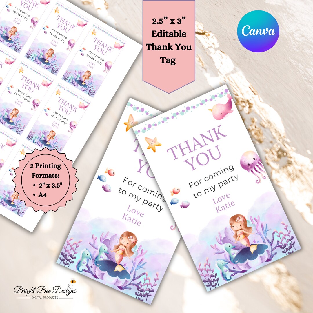 Editable Mermaid Gift Tag for Kids. Printable Thank You Tag - Etsy