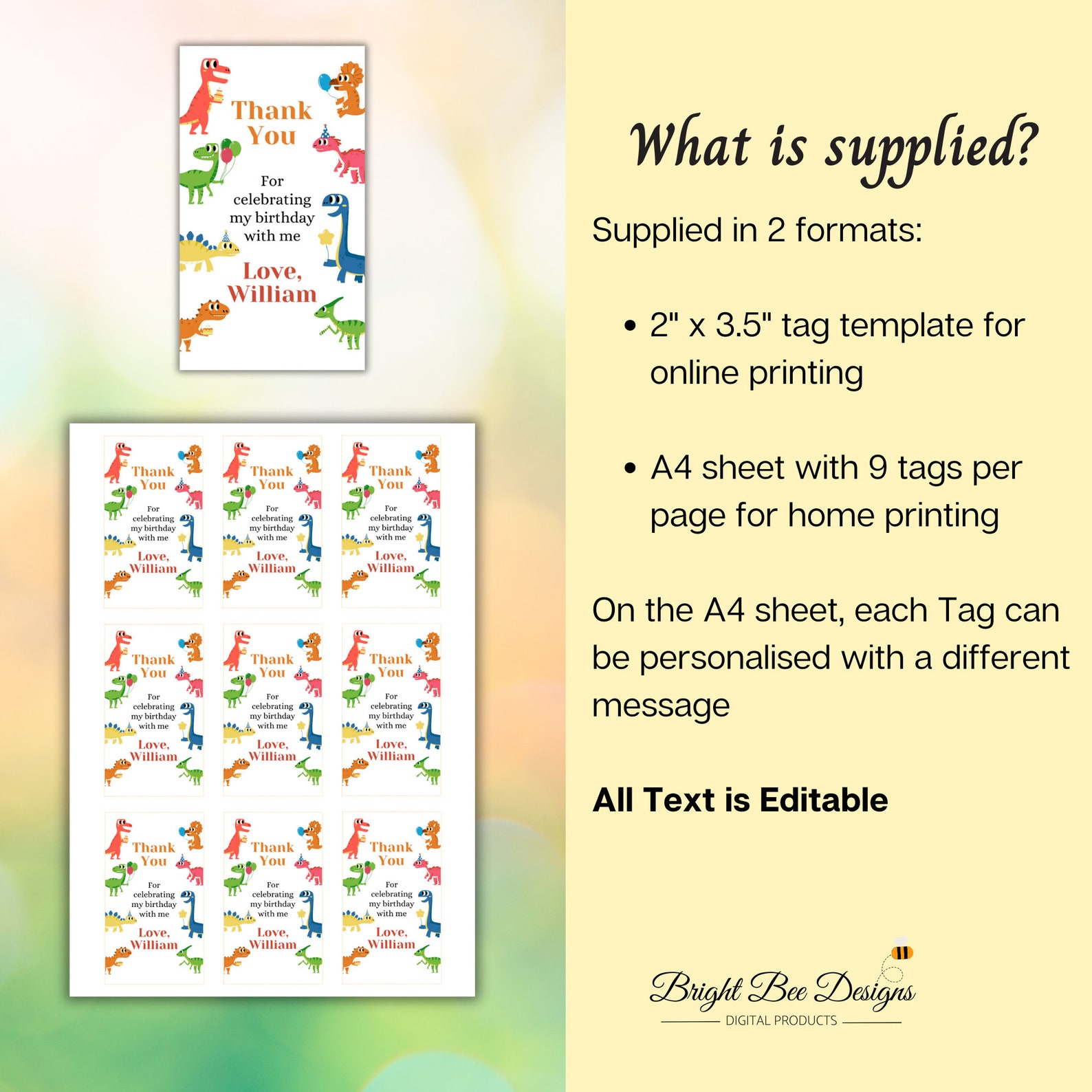 Dinosaur Party Favor Bag Tags, Dinosaur Thank You Tags, Editable ...