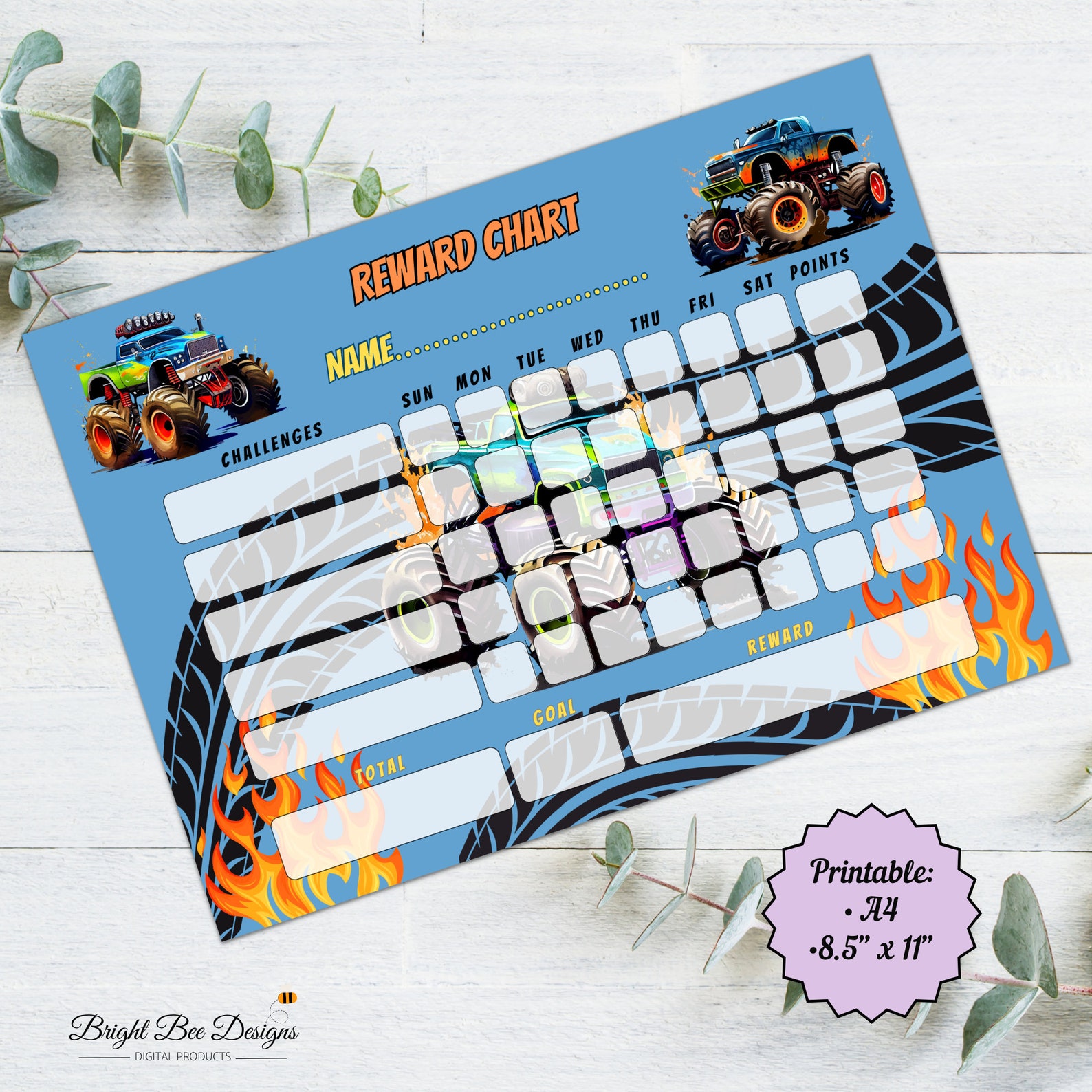 Printable Monster Truck Reward Chart, Printable PDF Monster Truck ...