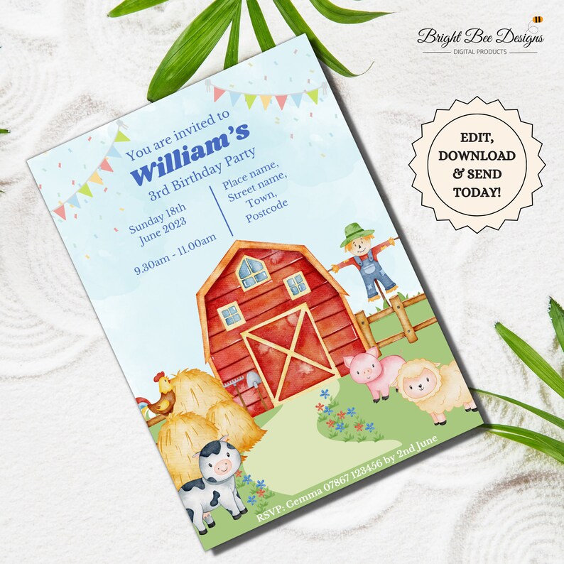 Editable Farm Birthday Invitation, Farm Animals, Boy Barnyard Birthday ...