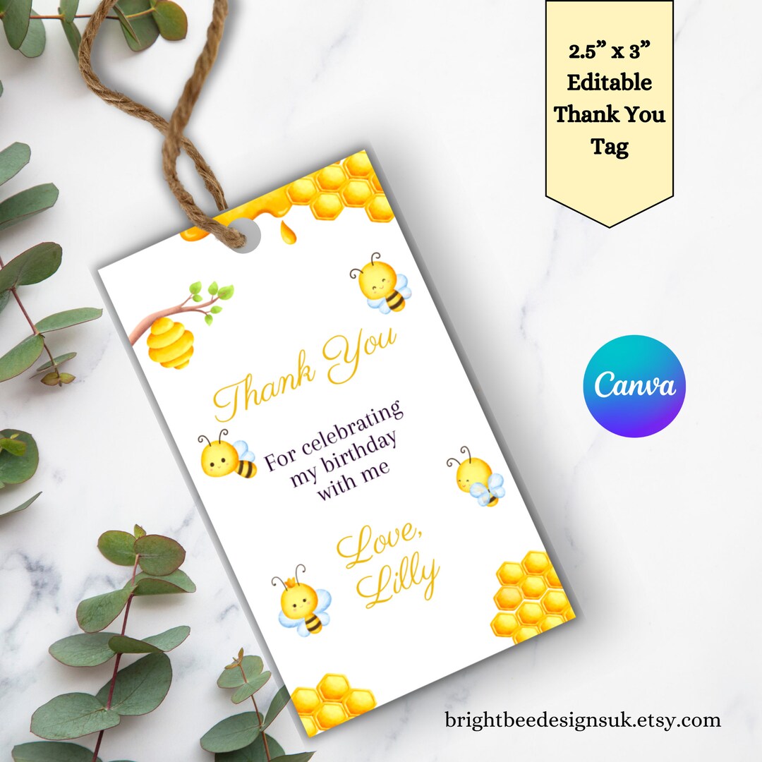 Bee Thank You Gift Tag, Printable Kids Birthday Party Favor Tag, Honey ...