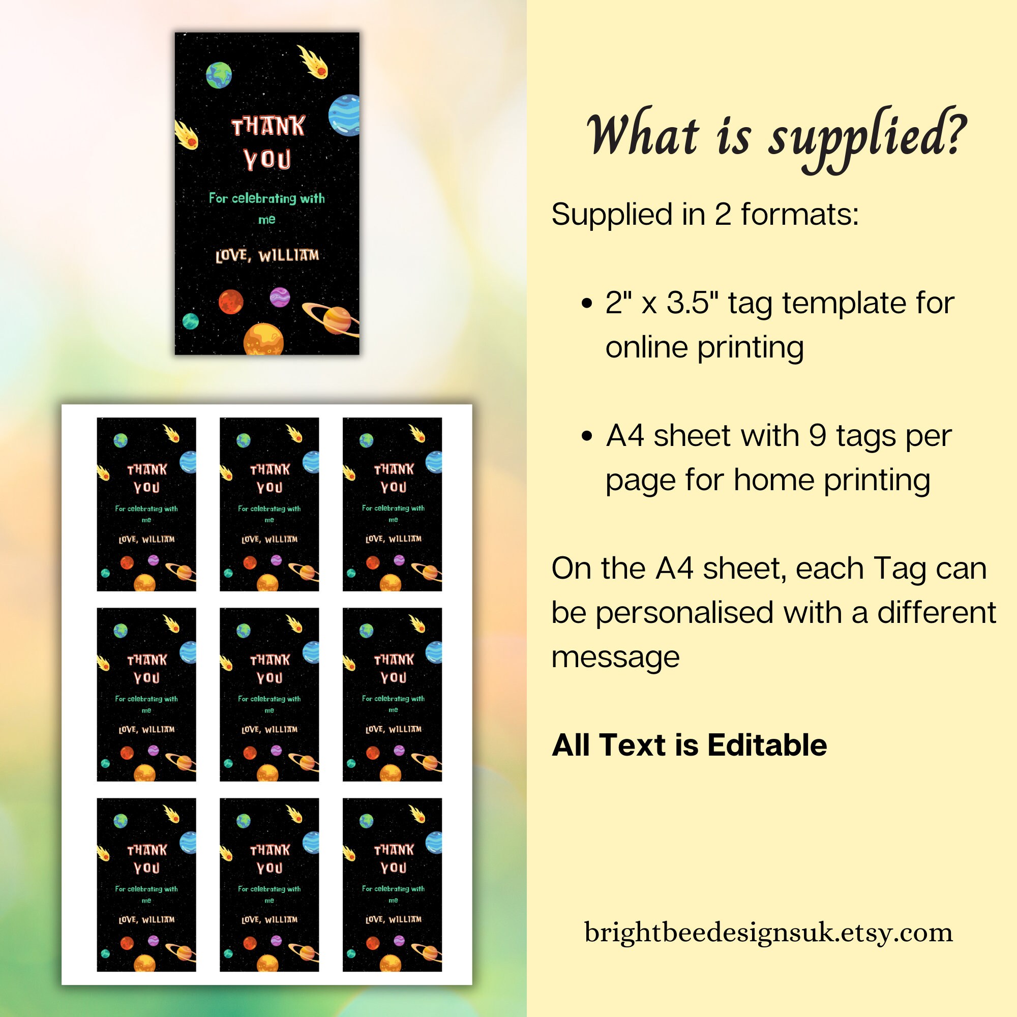 Printable Space Thank You Tags, Kids Space Birthday Tags, Editable ...