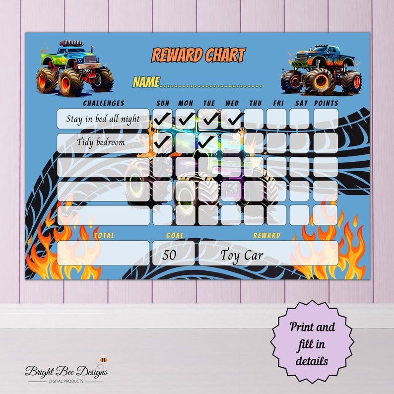 Printable Monster Truck Reward Chart, Printable PDF Monster Truck ...