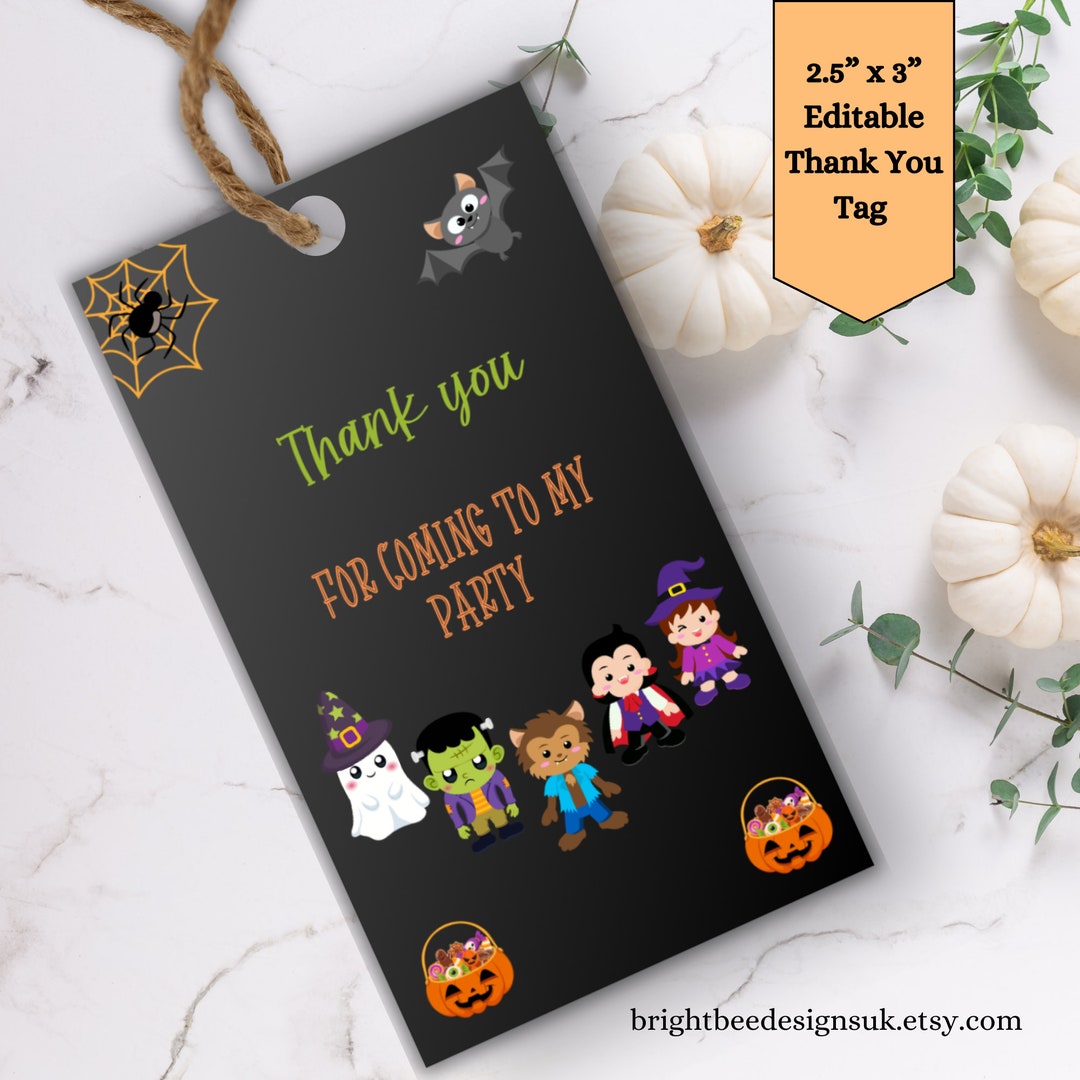 Editable Kids Halloween Party Thank You Tag, Halloween Costume Party ...