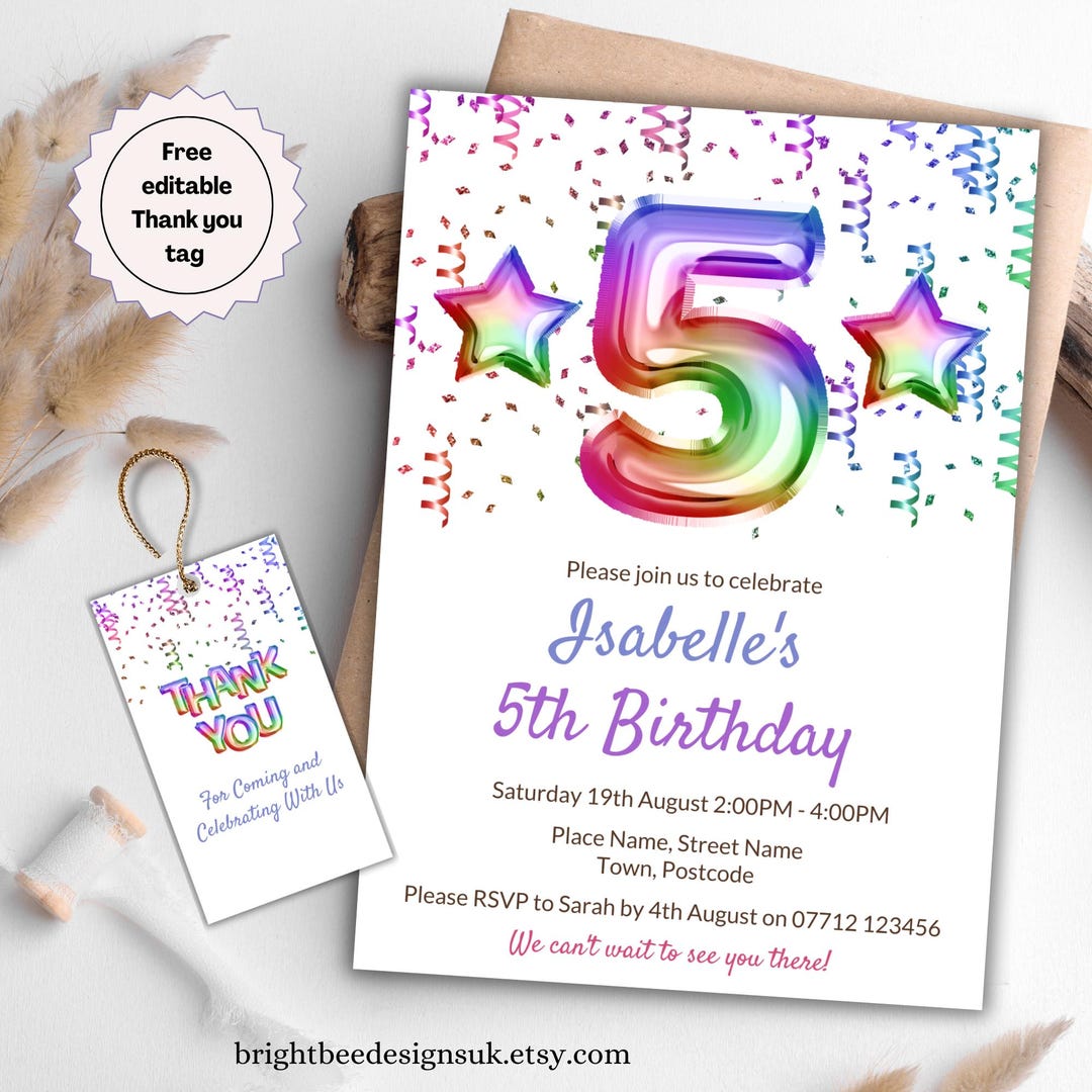 Printable 5th Birthday Invitation, Customisable Rainbow Balloon Fifth ...