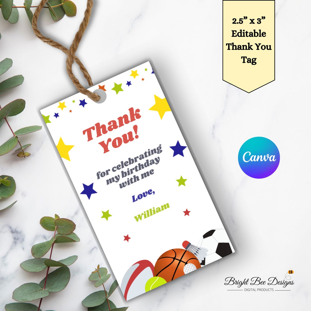 Printable Sports Party Favor Tag, Sporty Birthday Party Thank You Tag ...