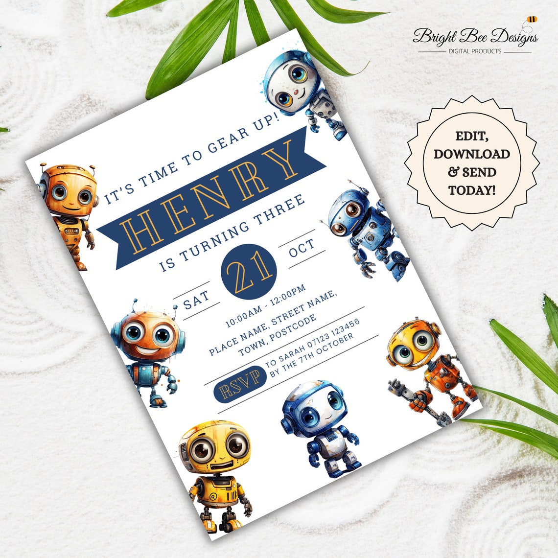 Robot Birthday Invitation Template, Editable Robot Party Invite, Boy ...