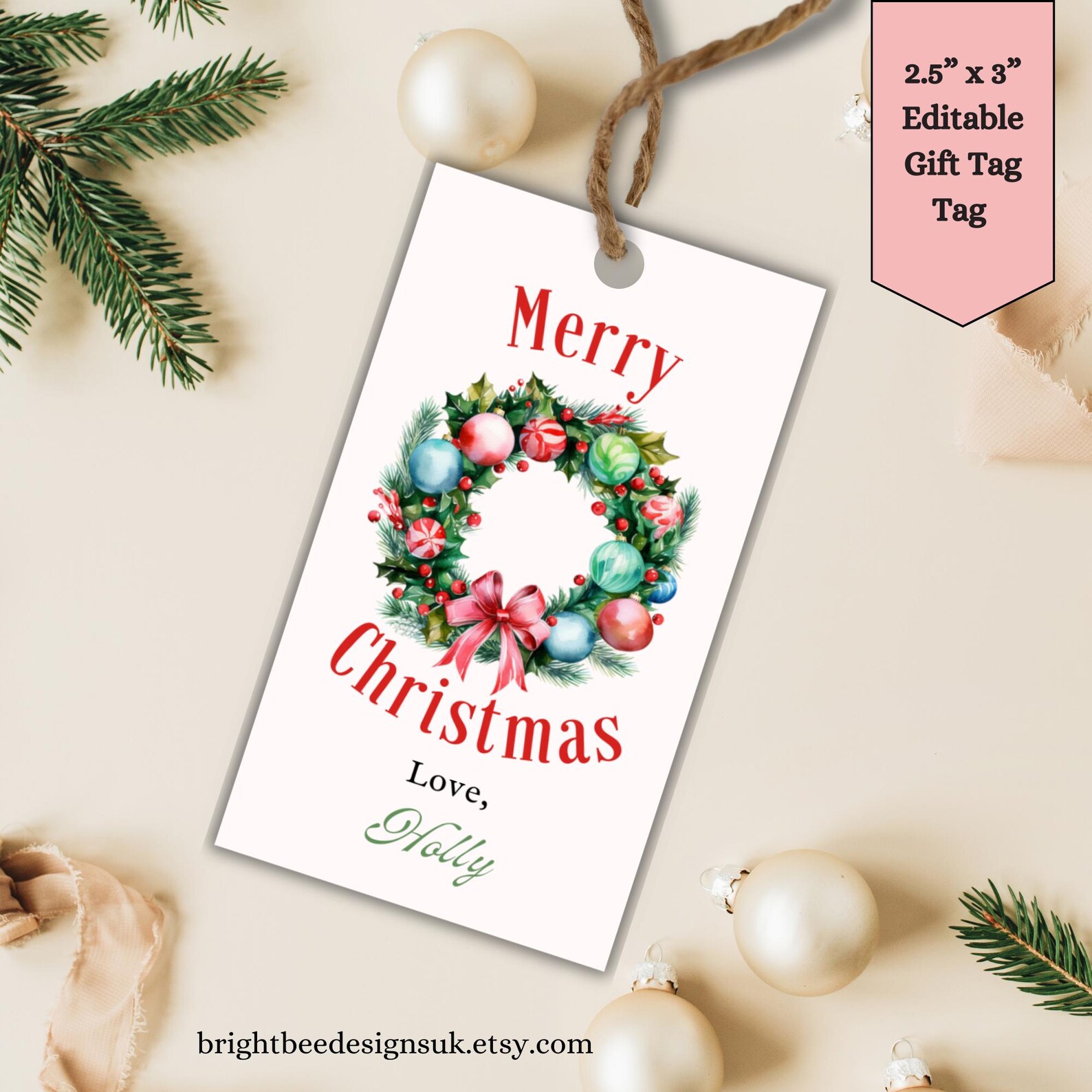 Printable Christmas Wreath Gift Tag, Editable Holiday Present Label ...