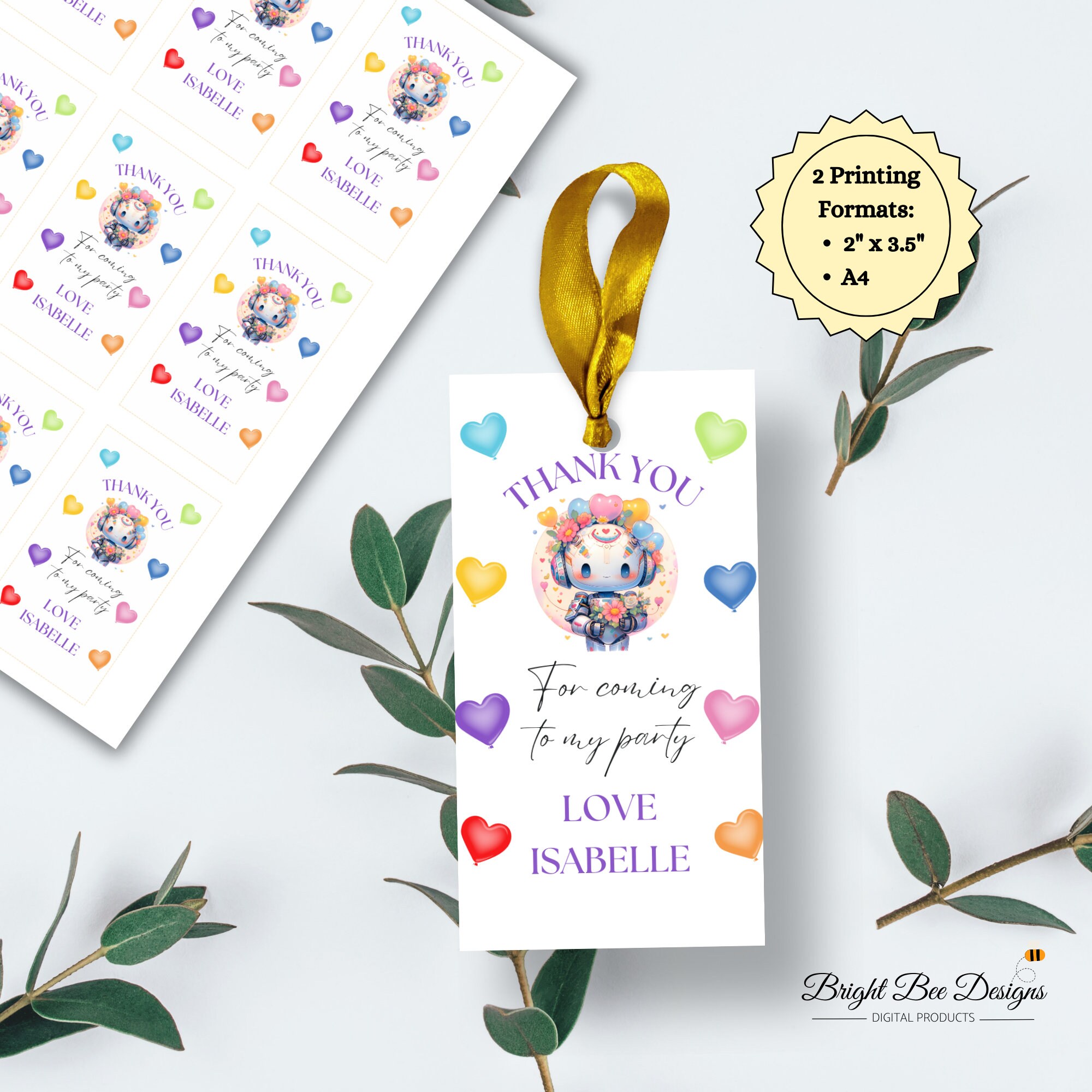 Editable Girls Robot Thank You Favor Tags Template, Rainbow Heart Robot ...