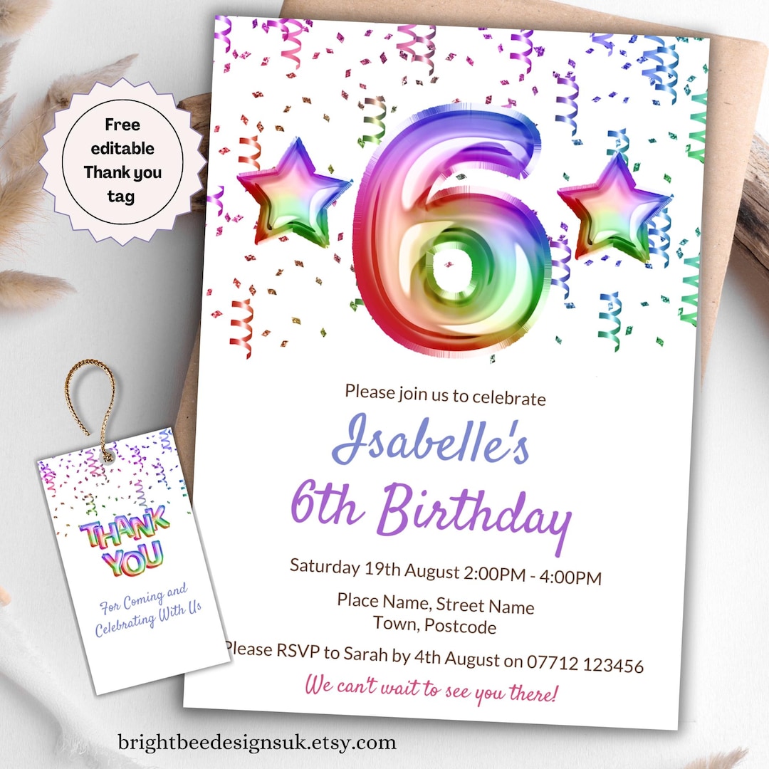 Printable Kids 6th Birthday Invitation, Editable 6 Rainbow Balloon ...