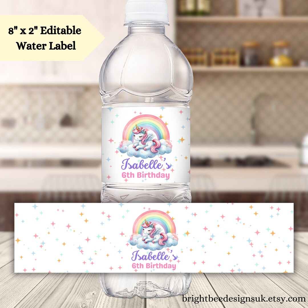 Unicorn Water Bottle Labels, Printable Kids Birthday Party Rainbow ...