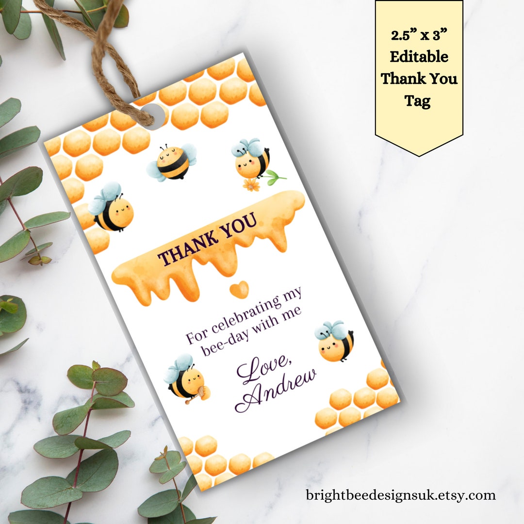 Honey Bee Thank You Tag, Printable Kids Birthday Party Favor Gift Tag ...