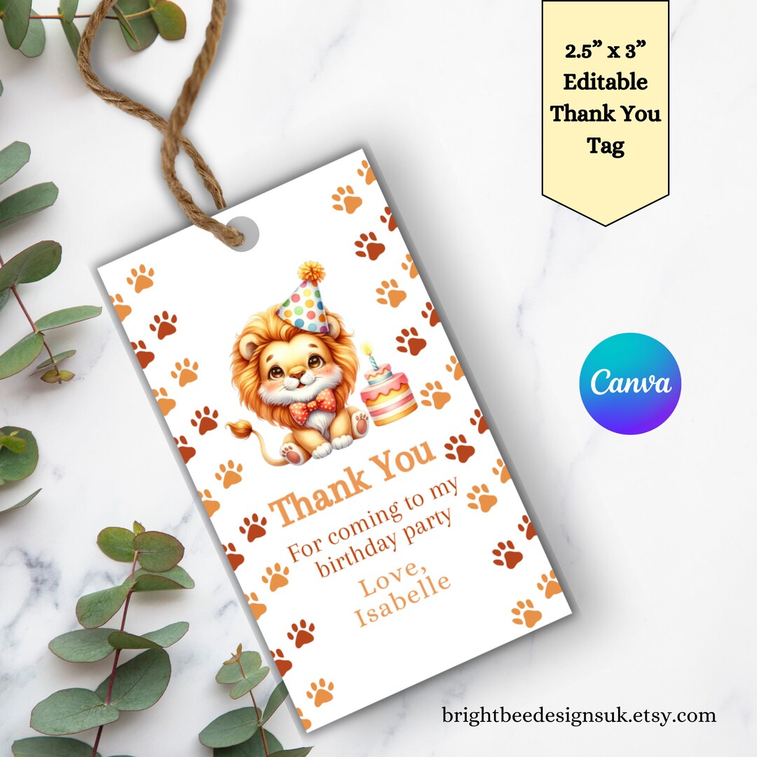 Cute Lion Cub Thank You Tag, Printable Kids Birthday Party Favor Gift ...