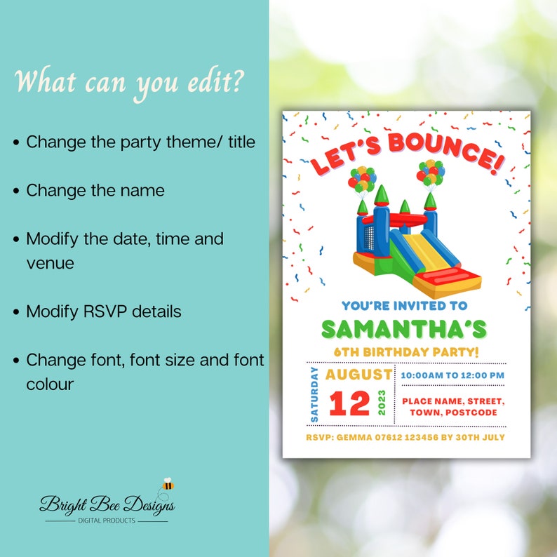 Bounce Birthday Party Invitation for Kids. Printable Bouncy Castle ...