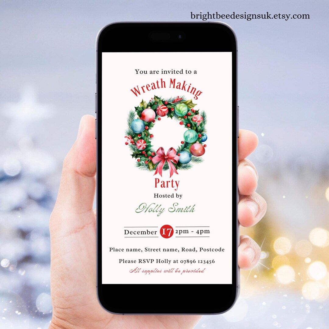 Digital Christmas Wreath Making Party Invitation, Editable Festive ...