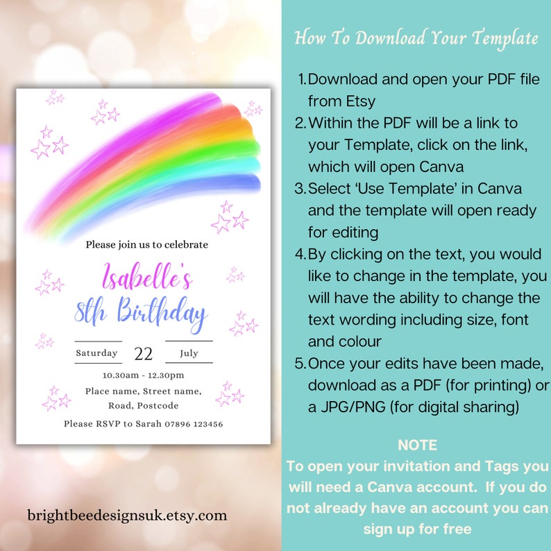 Rainbow Birthday Invitation Template, Girls Rainbow Party Invite, Printable Kids Rainbow ...