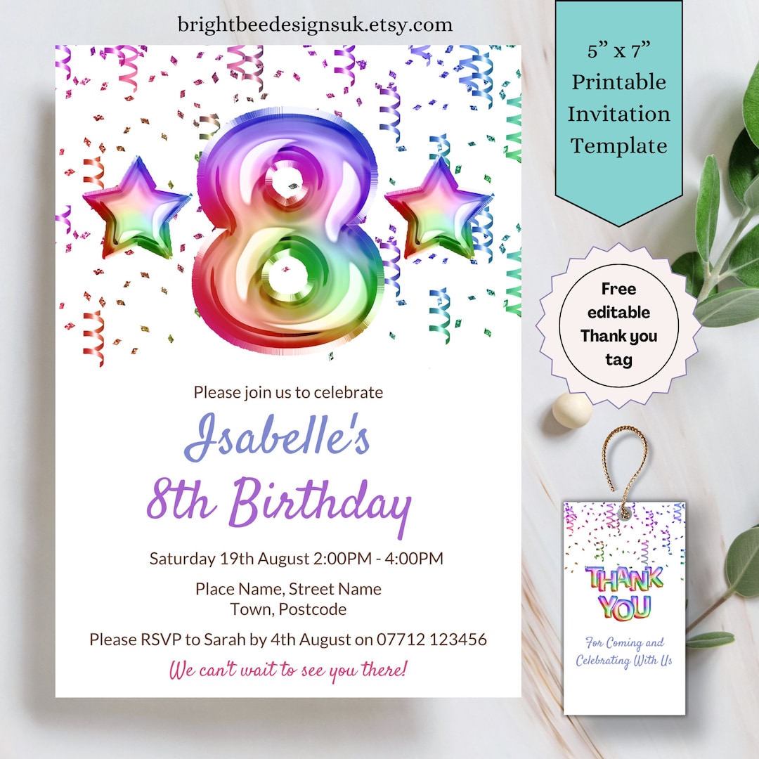 8th Birthday Invitation Template, Printable 8th Birthday Party Invite ...