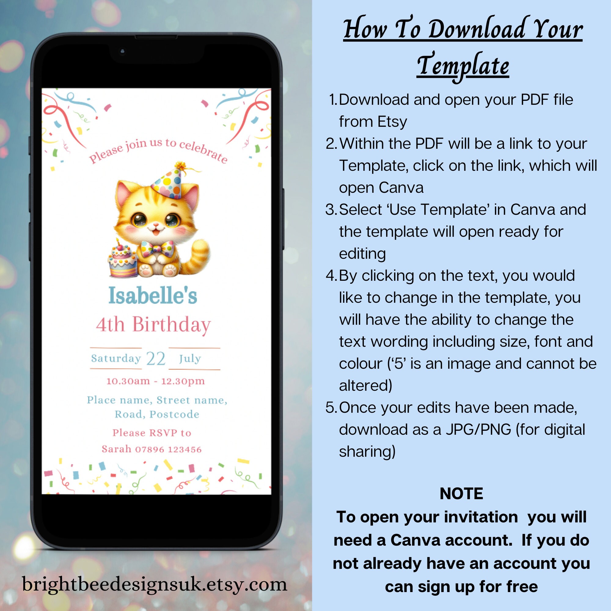 Digital Cat Birthday Party Invitation Template, Editable Kids Kitten ...
