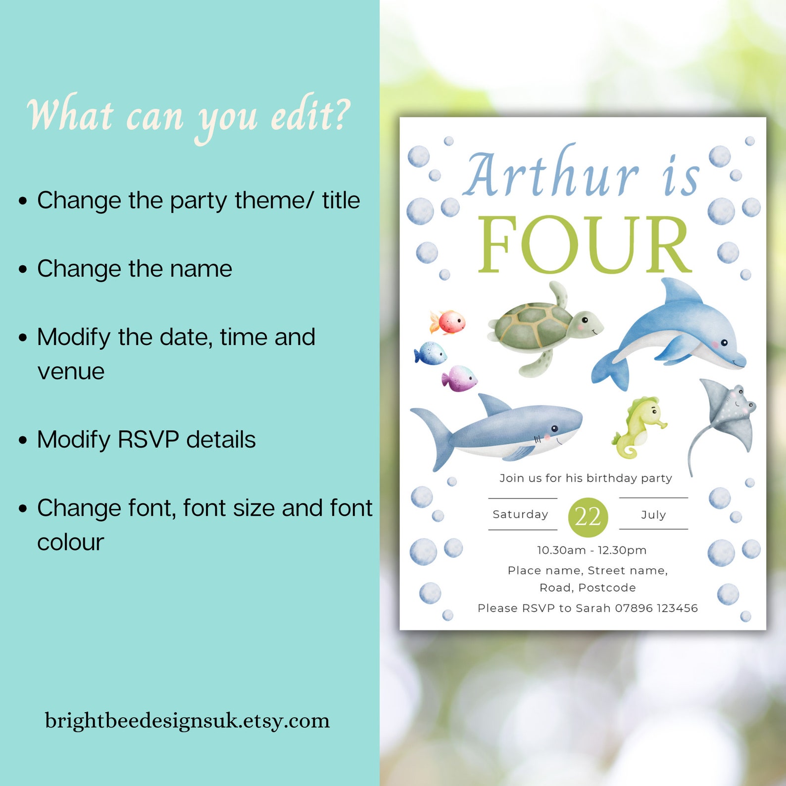 Under the Sea Birthday Invitation Template, Editable Ocean Animal Party ...