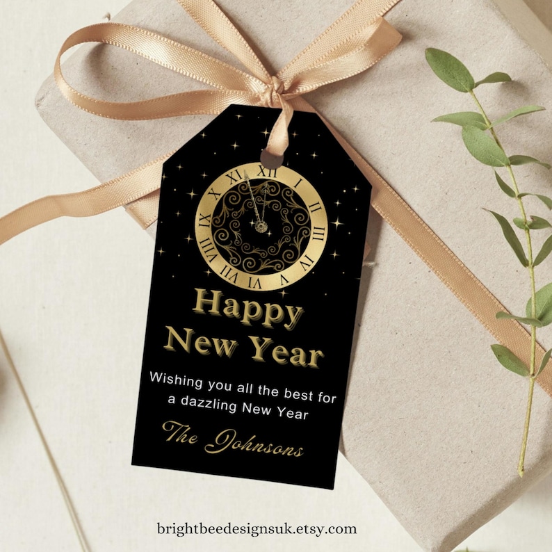 Happy New Year Gift Tag, Printable Black and Gold Party Favor Thank You ...