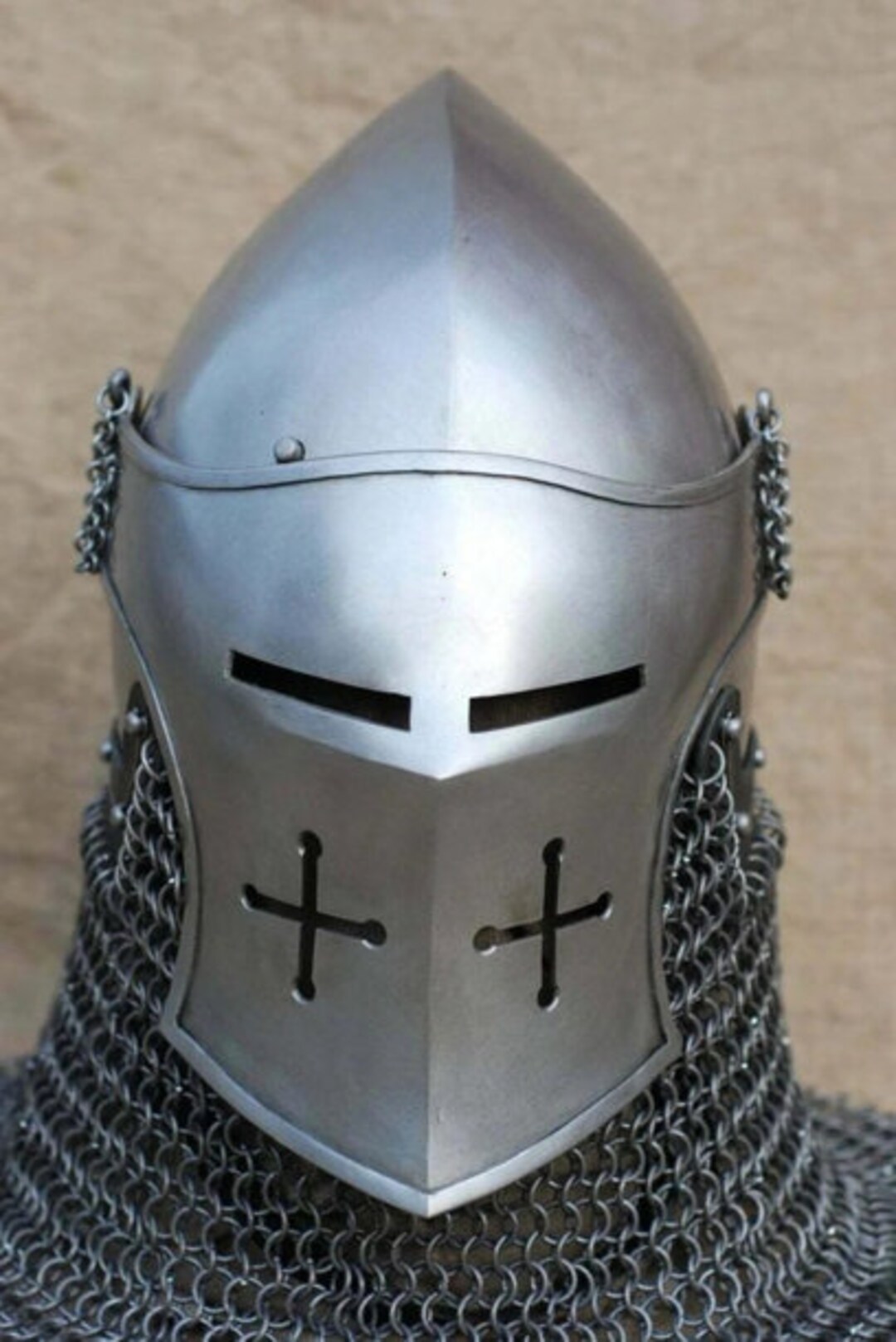 Medieval Helmet Bascinet Combat Steel Chainmail Helmet Barbute Hounskull Faced Knight Helmet ...