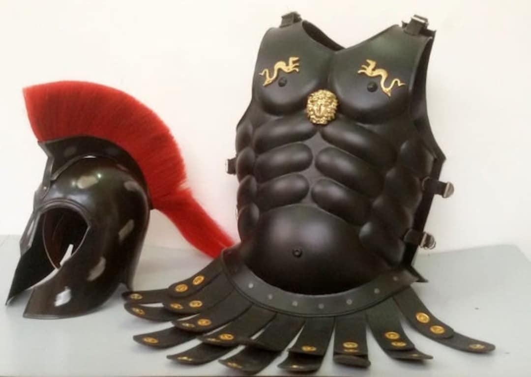 Medieval Jacket With Greek Troy Trojan Helmet Black Plume Roman Muscle ...