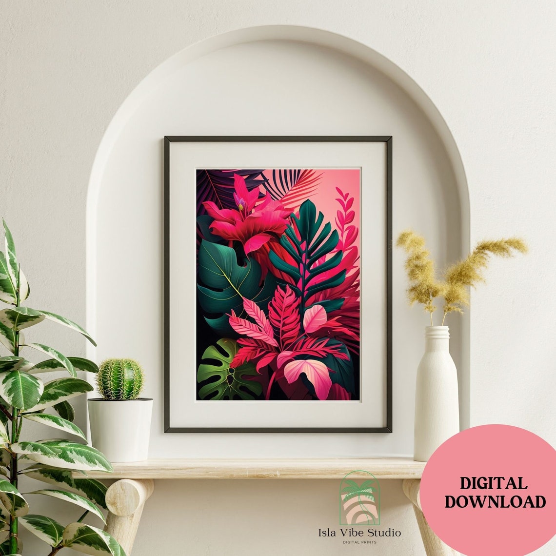 Tropical Leaves, Prints, , Pink Poster, Vivid Color, Living Room Decor ...