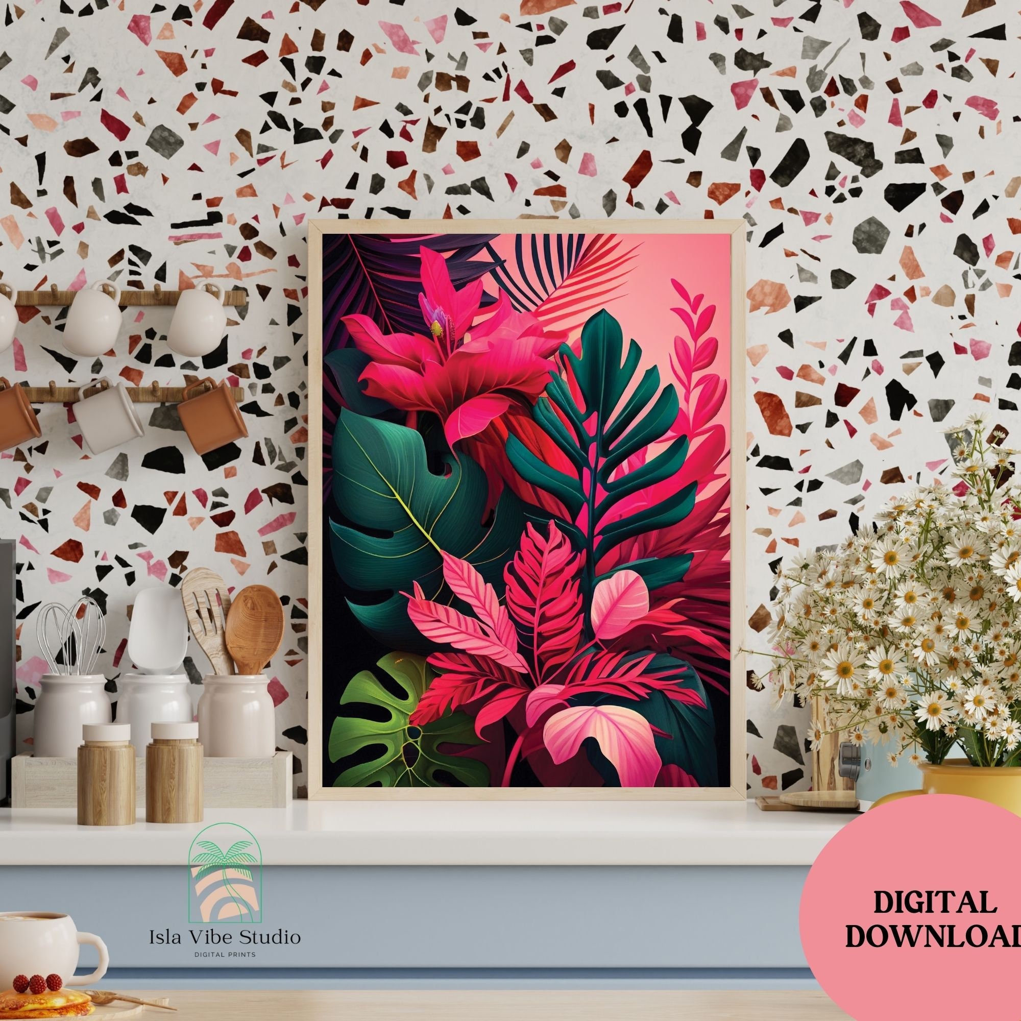 Tropical Leaves, Prints, , Pink Poster, Vivid Color, Living Room Decor ...