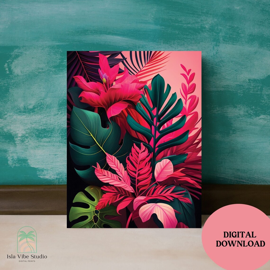 Tropical Leaves, Prints, , Pink Poster, Vivid Color, Living Room Decor ...