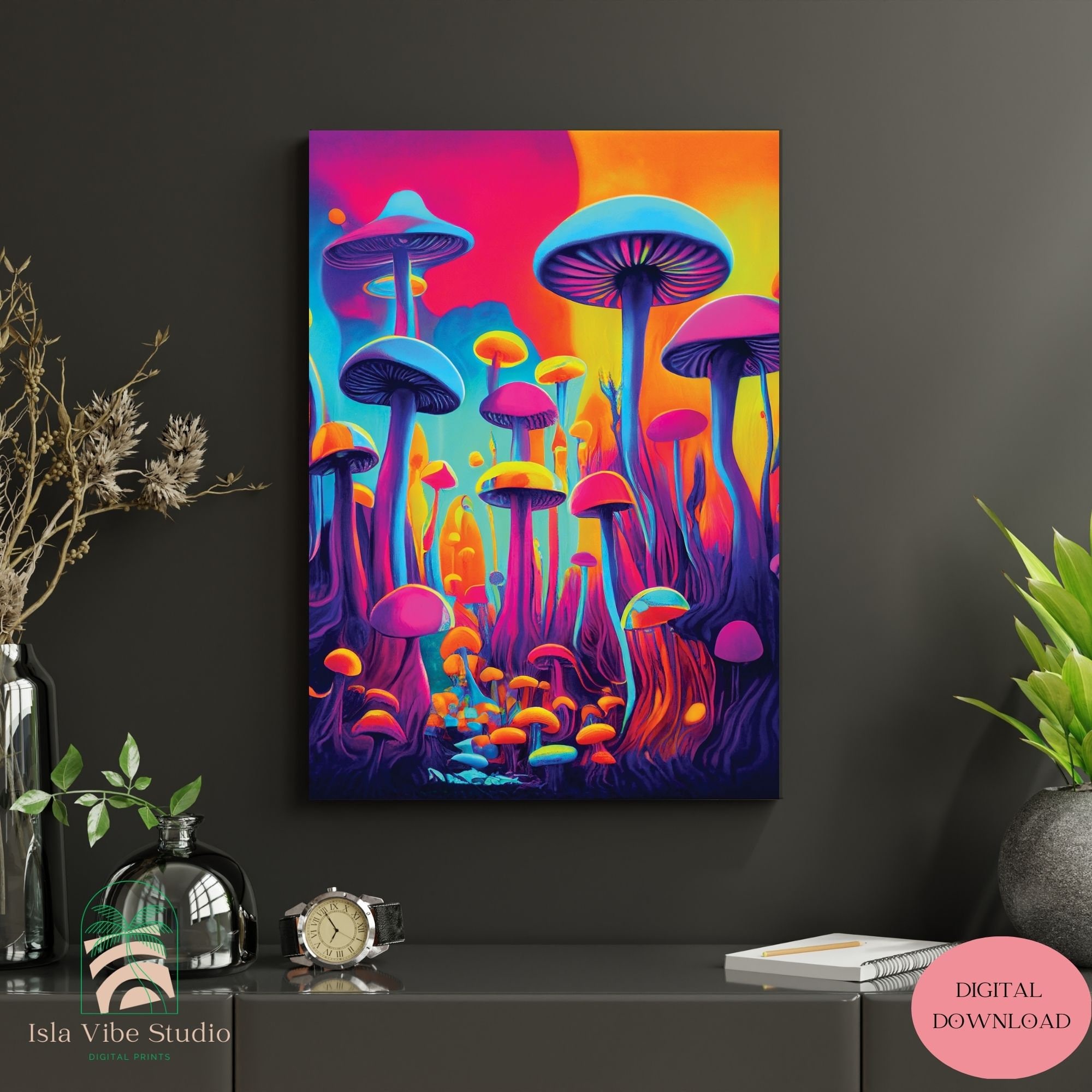 Mushroom Fields, Mushroom Decor, Hippie Wall Art, Colorful Art ...