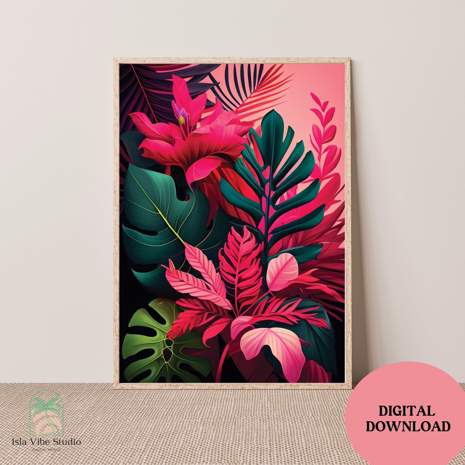 Tropical Leaves, Prints, , Pink Poster, Vivid Color, Living Room Decor ...