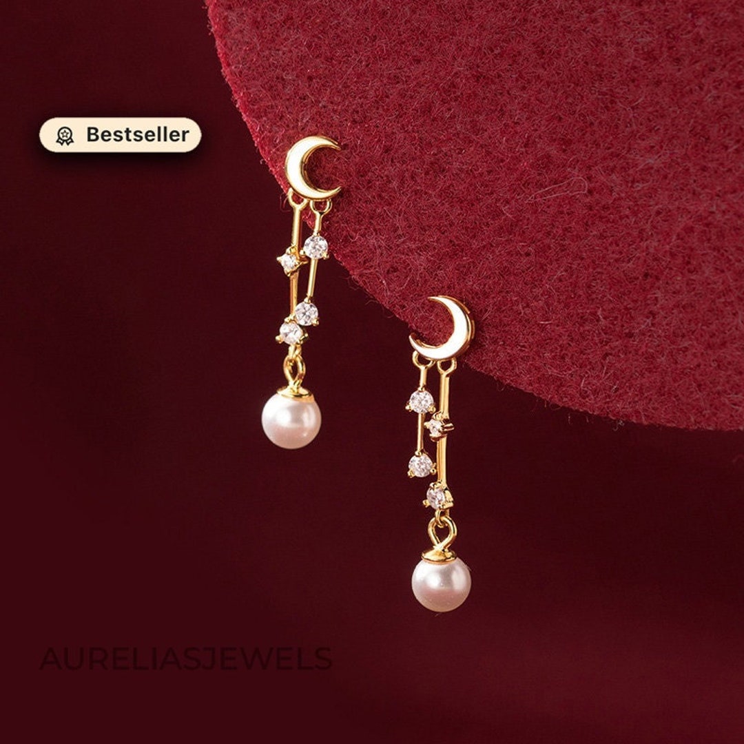 Gold Mond Stern Perle Ohrringe Himmlische Ohrringe Minimalistischer ...